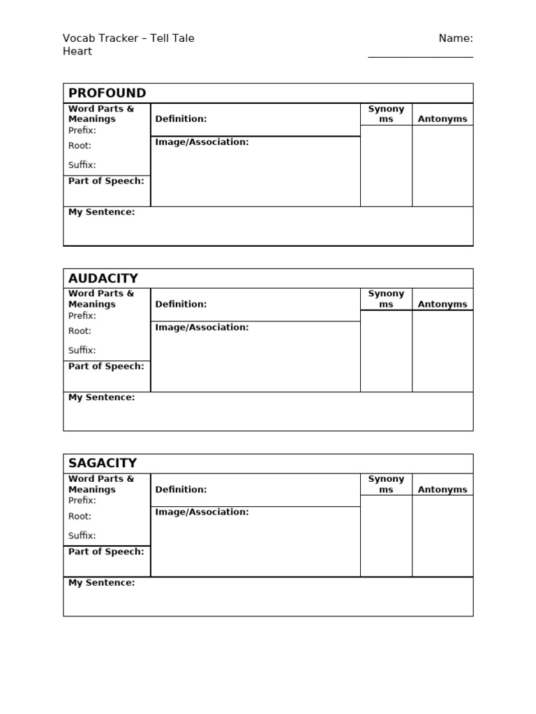 Vocab Tracker Tell Tale Heart - Extra | PDF