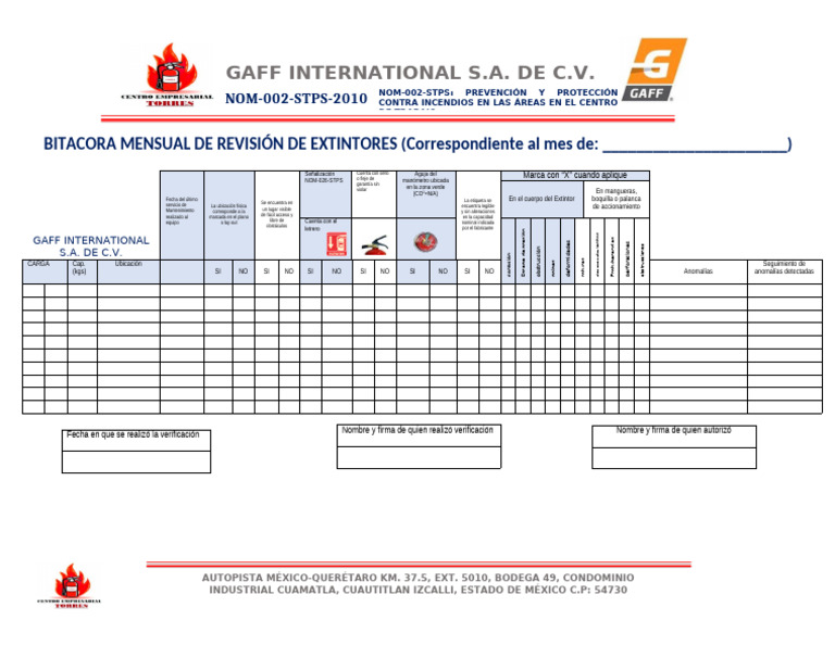 BITACORA DE EXTINTORES GAFF INTERNATIONAL | PDF