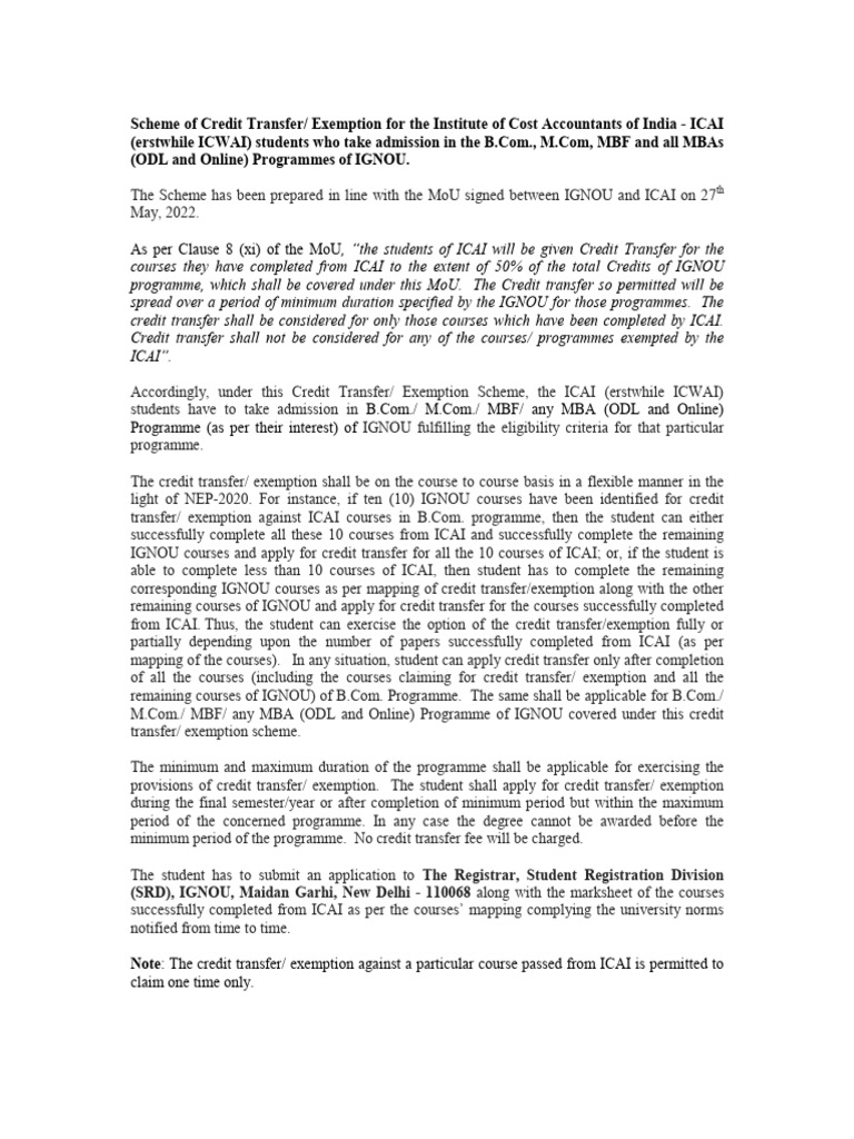 Scheme of Credit Transfer Exemption For ICAI (ICWAI) | PDF