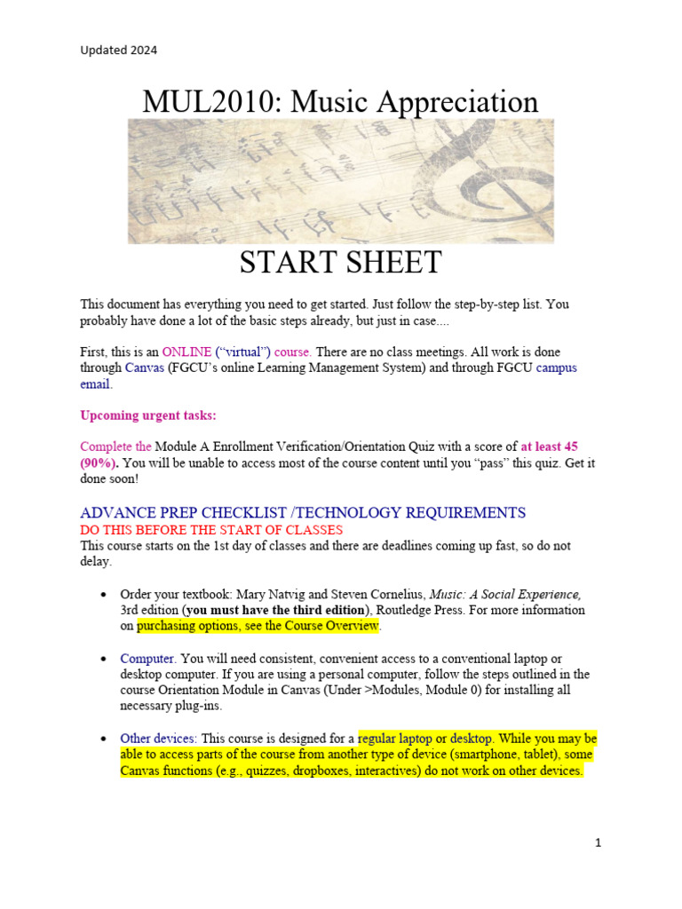 MUL Music Appreciation Start Sheet | PDF