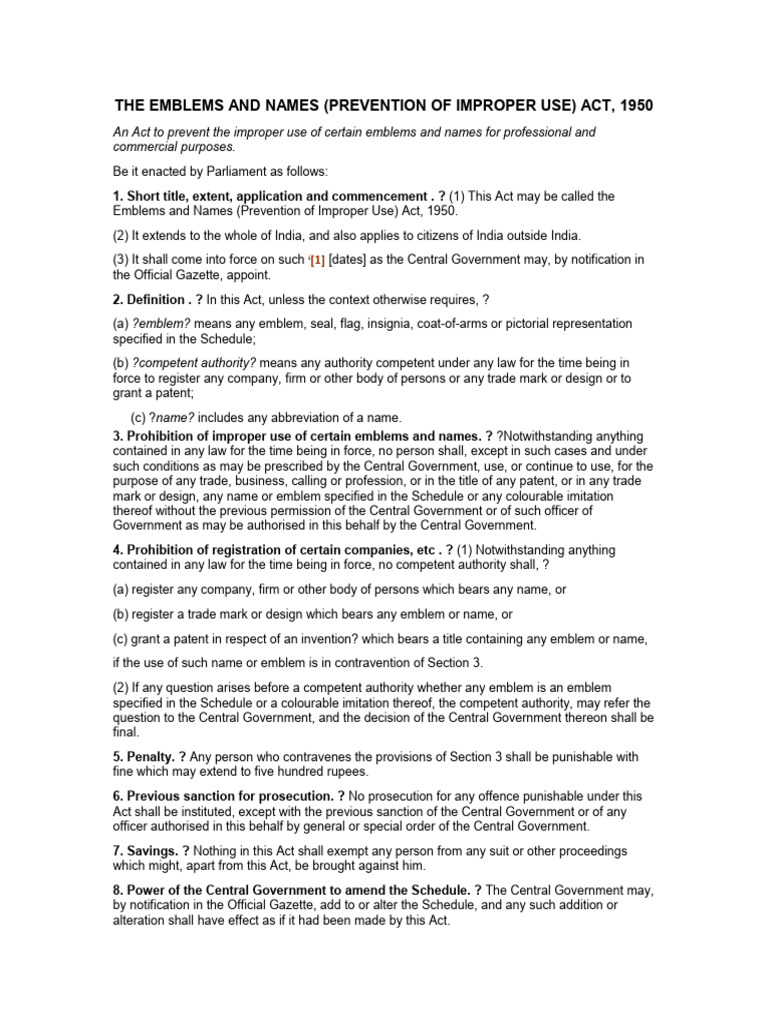 Emblems and Names (Prevention of Improper Use) Act, 1950) | PDF