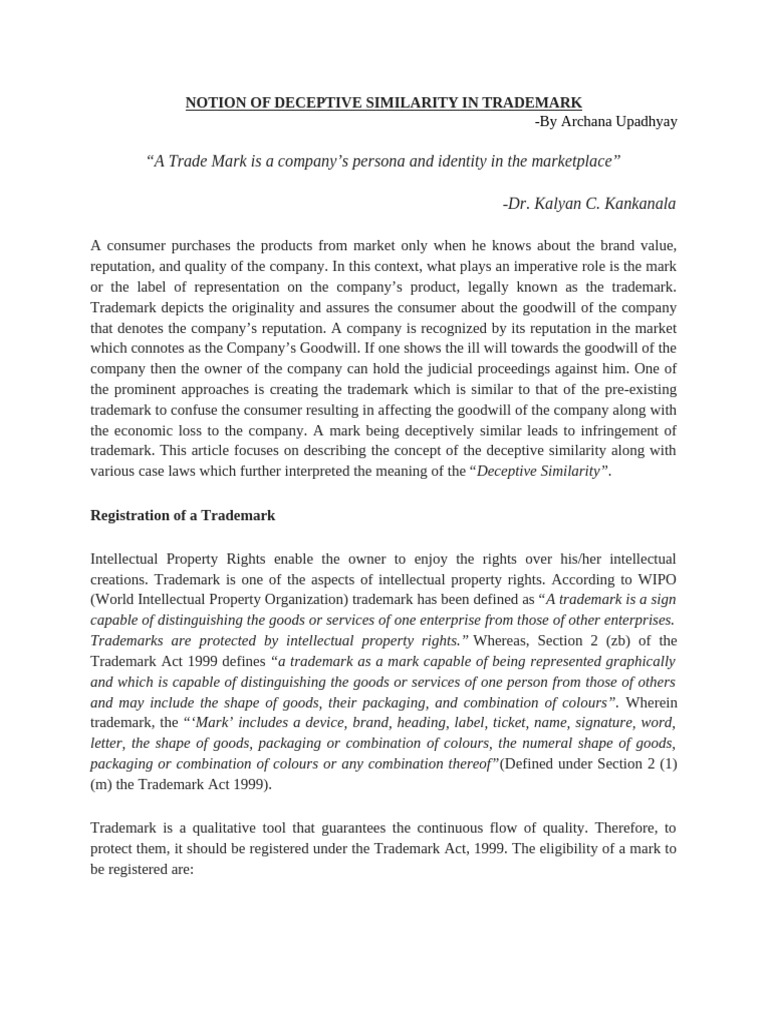 Notion of Deceptive Similarity in Trademark | PDF