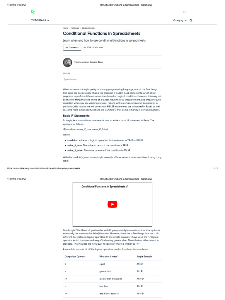 Conditional Functions in Spreadsheets - DataCamp | PDF