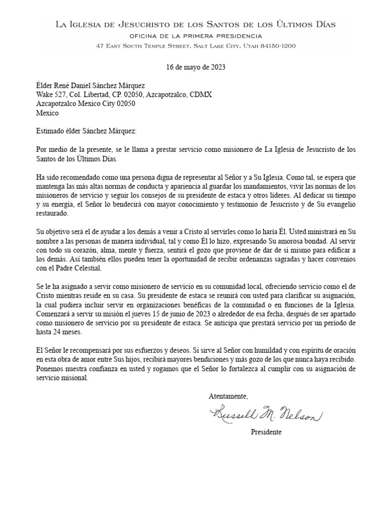 Carta de Llamamiento Misional (Misionero de Servicio) | PDF | Salud y ...