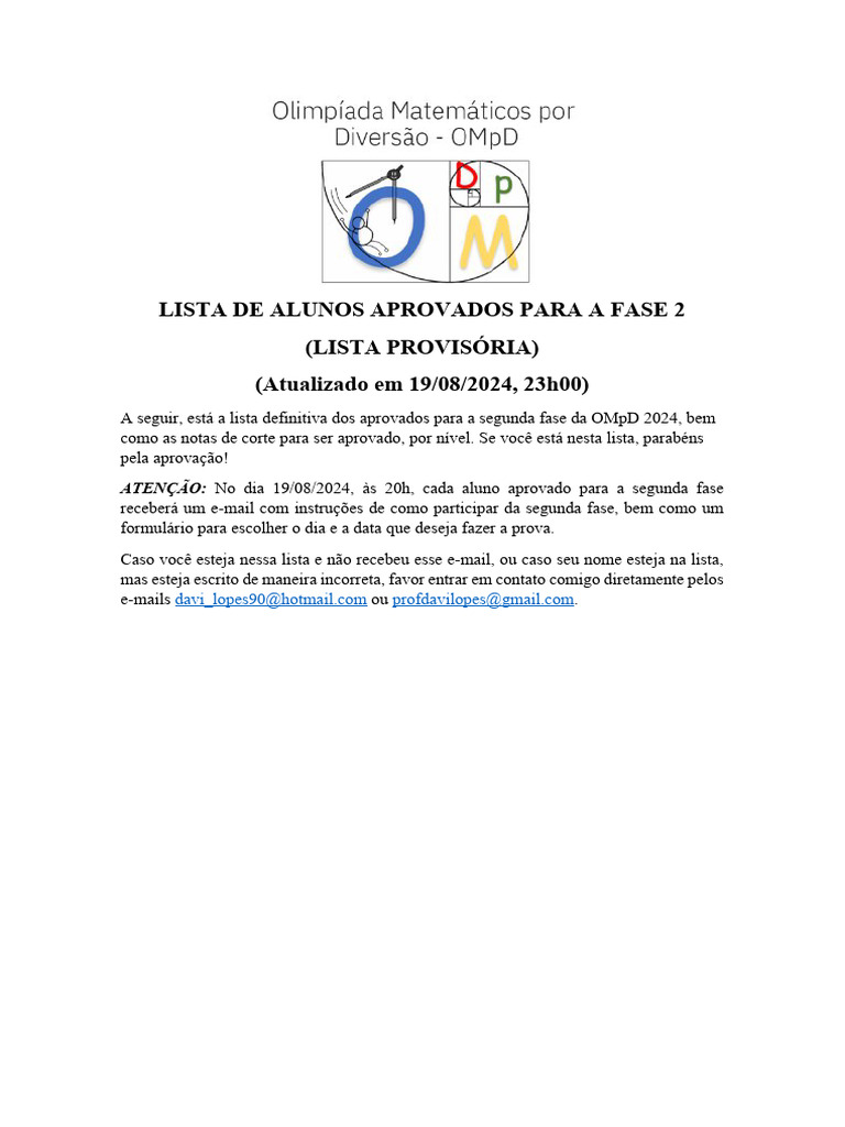 Lista de Alunos Aprovados para A Ompd 2024 - Fase 2 | PDF