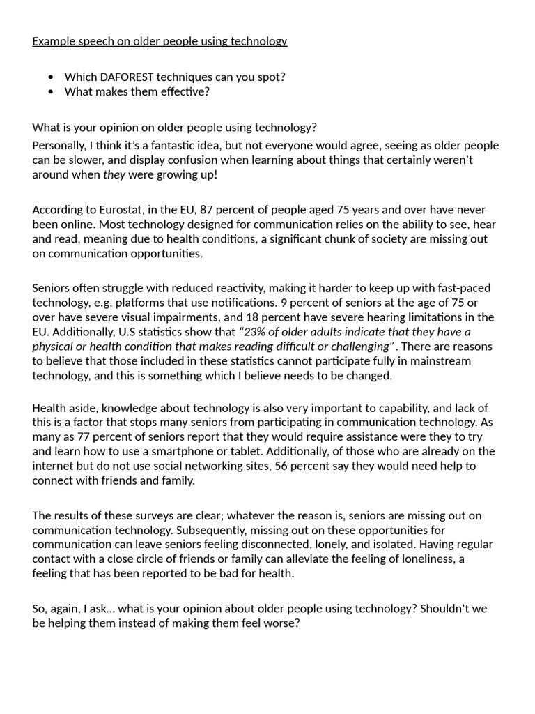 Example speech on older people using technology | PDF