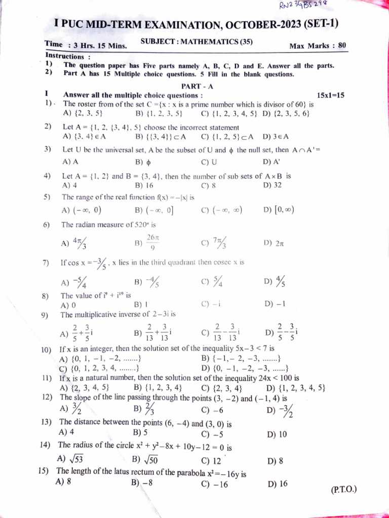 I PUC Midterm Math Paper | PDF