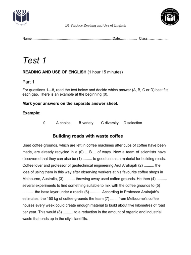 TEST 1 B1 Practice Reading and Use of English | PDF | Desert | Rembrandt