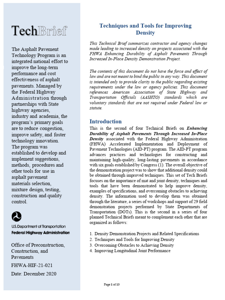 Tech Brief Techniques and Tools for Improving Density FHWA | PDF
