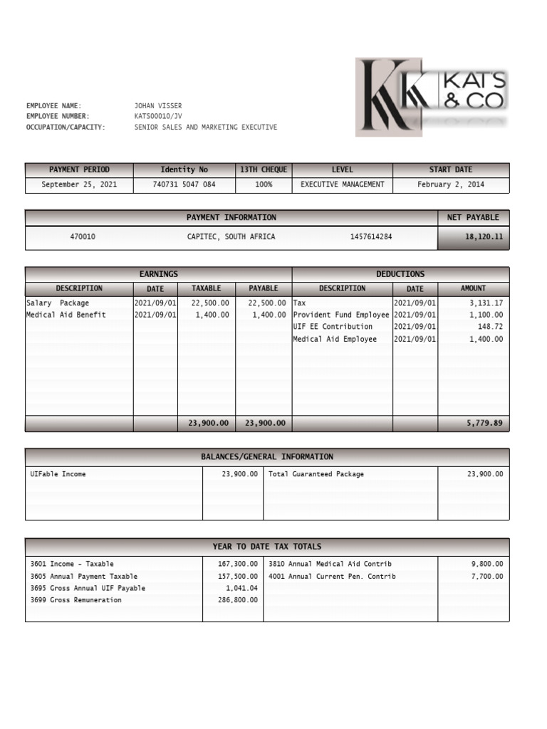 Johan Visser September 2021 Payslip | PDF
