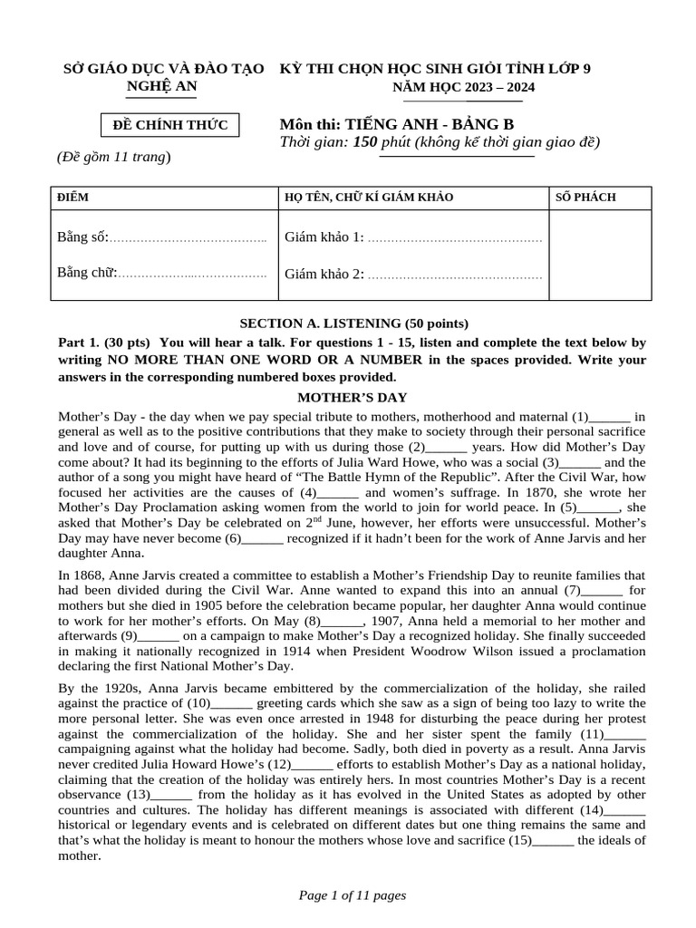 Đề HSG9 - 2024 môn Tiếng Anh B | PDF