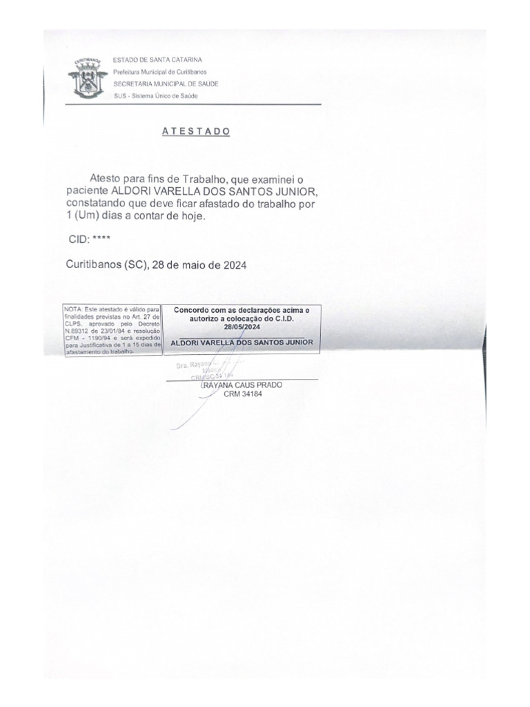 Atesto Para Fins de Trabalho, Que Examinei o | PDF