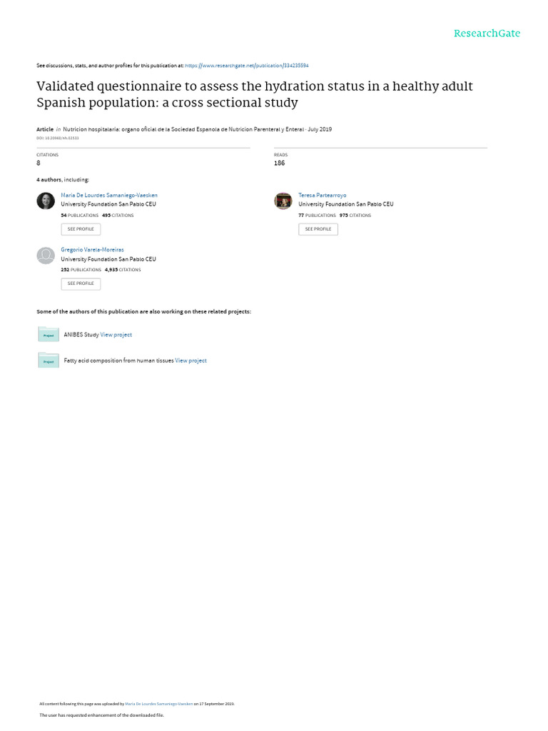 Validated Questionnaire To Assess The Hydration Status in A Healthy ...