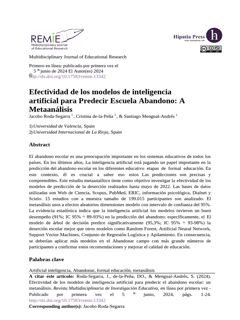 Effectiveness of Artificial Intelligence Models For Predicting School Dropout A Meta-Analysis | PDF