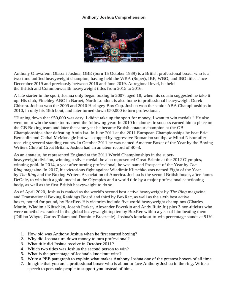 Anthony Joshua Comprehension | PDF