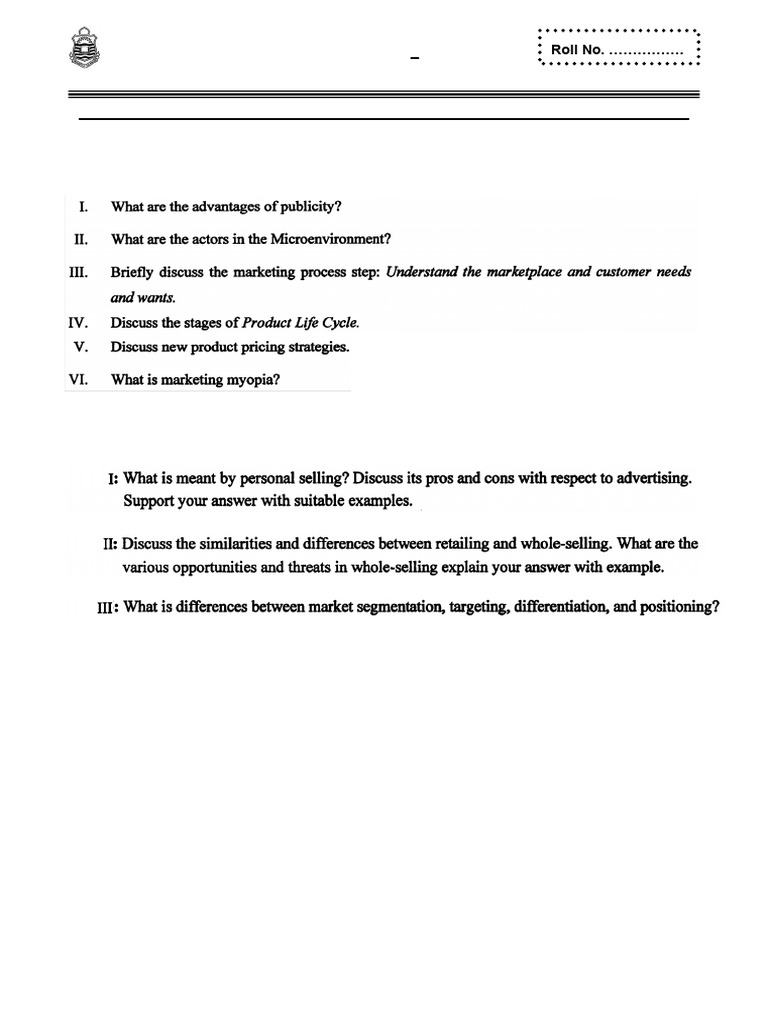 Principles of Marketing Exam Paper | PDF | Career & Growth