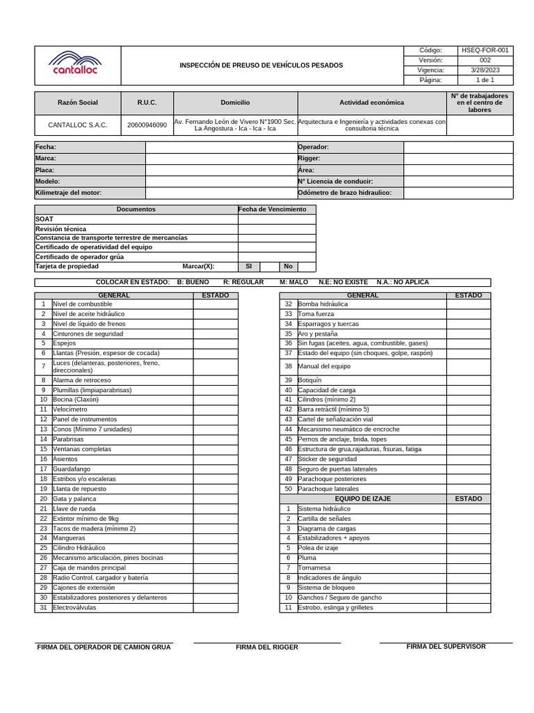 HSEQ-FOR-001 Inspección Pre Uso de Vehículos Pesados | PDF