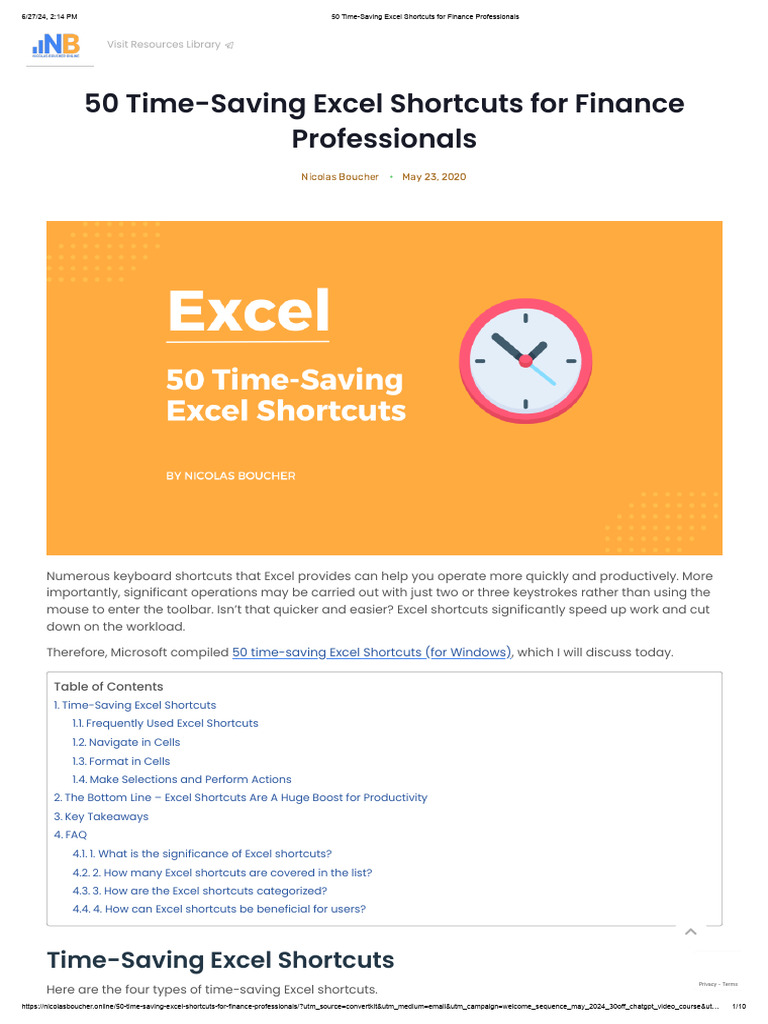 50 Time-Saving Excel Shortcuts For Finance Professionals | PDF