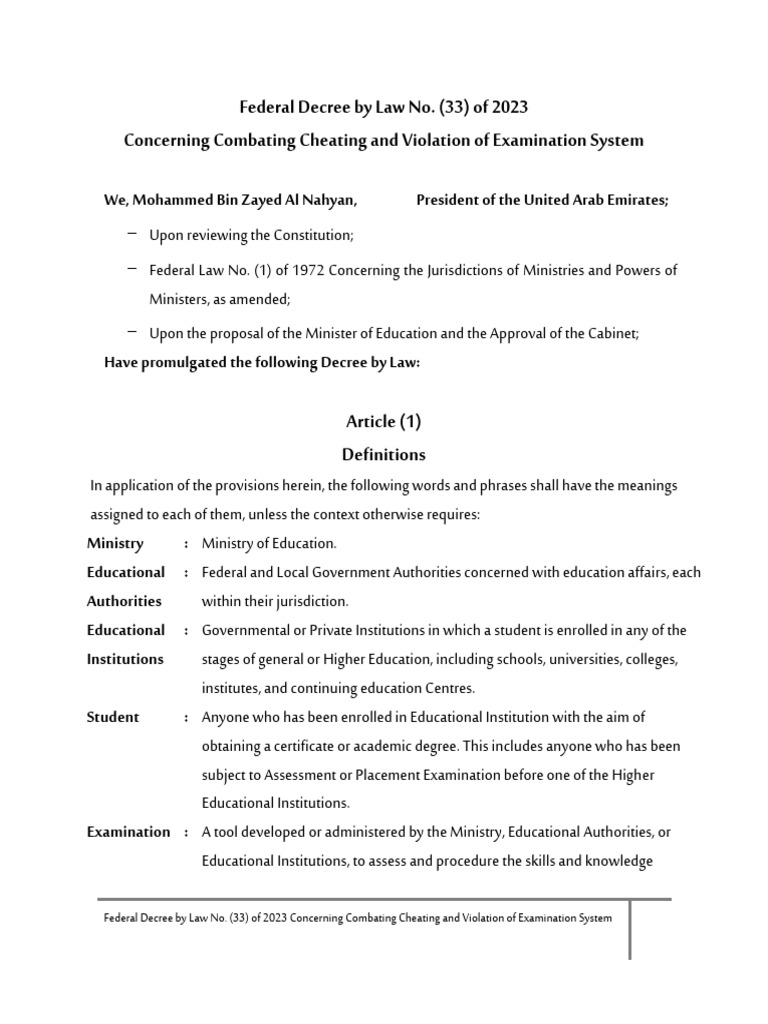 Federal Decree by Law No. (33) of 2023 Concerning Combating Cheating ...