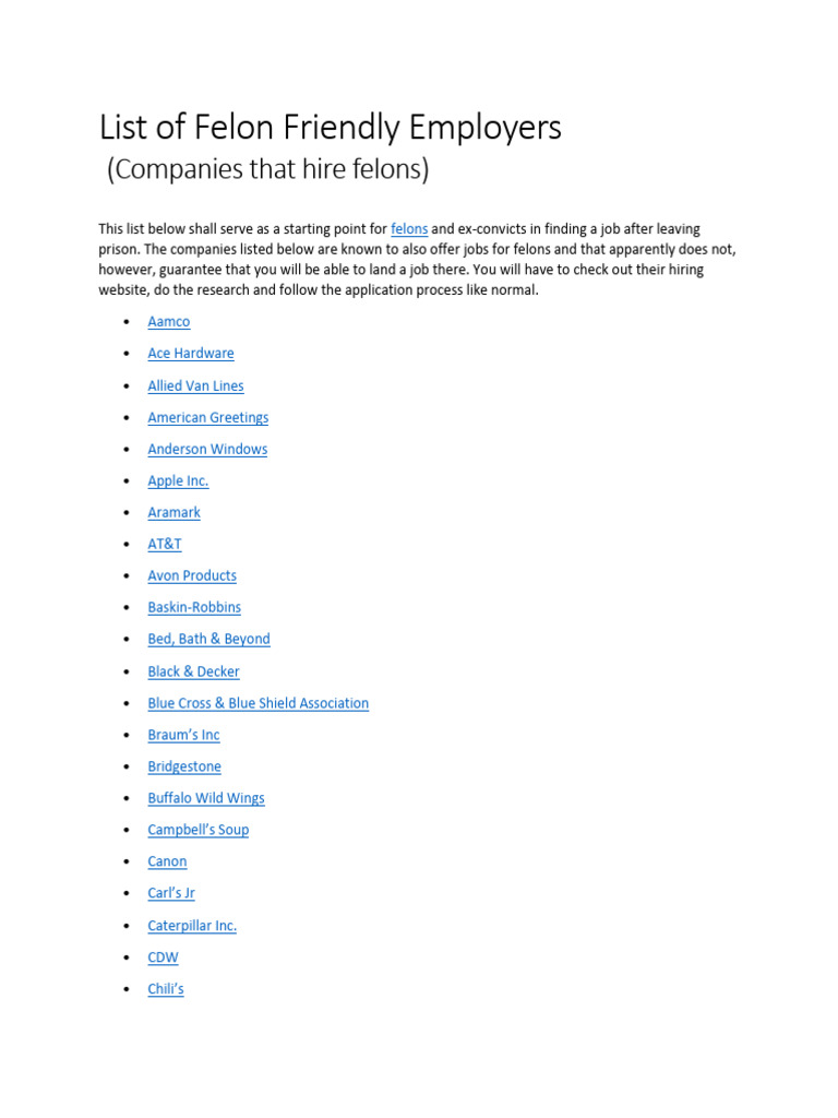 List of Felon Friendly Employers | PDF