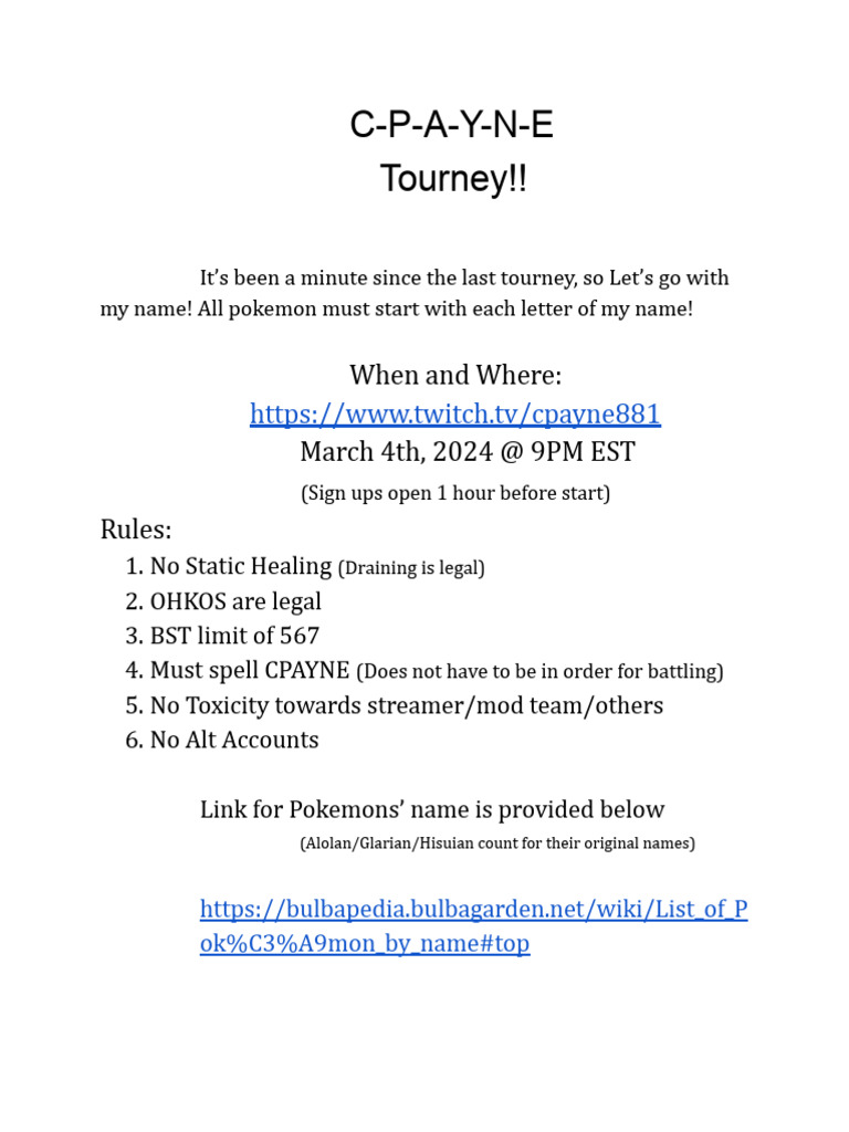 C-P-A-Y-N-E Tourney!!: When and Where: March 4th, 2024 at 9PM EST Rules ...