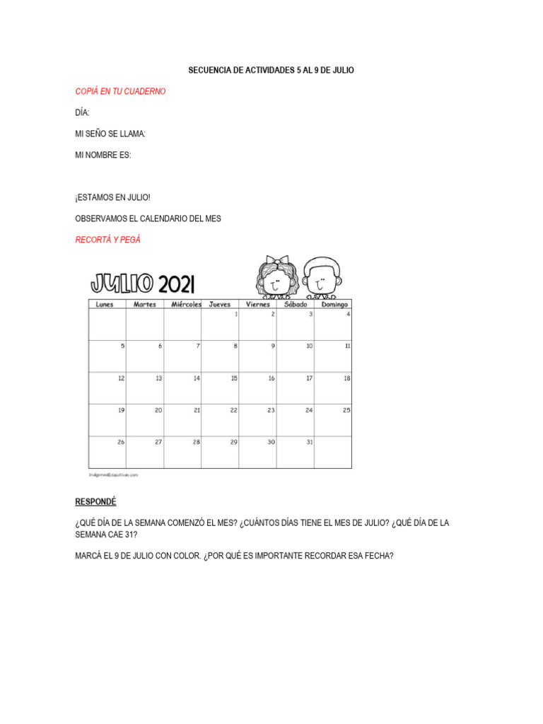 Secuencia de Actividades 5 Al 9 de Julio (Burbuja 1) | PDF