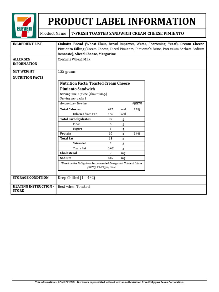 Product Label Information: Product Name 7-Fresh Toasted Sandwich Cream ...