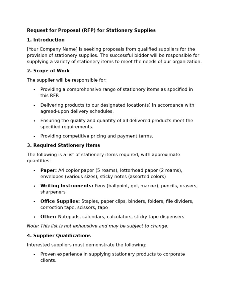 RFP For Stationery Template | PDF