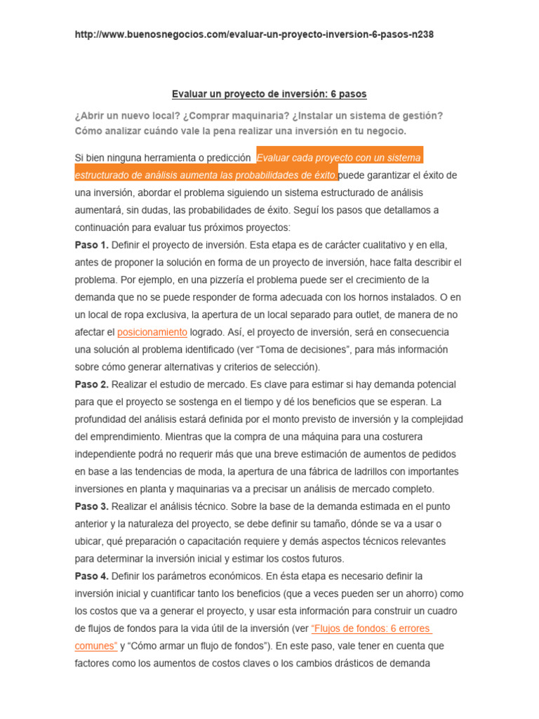VAN Evaluar un proyecto de inversión 6 pasos | PDF