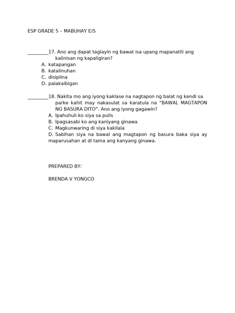Esp Grade 5 - Q3 - PT | PDF