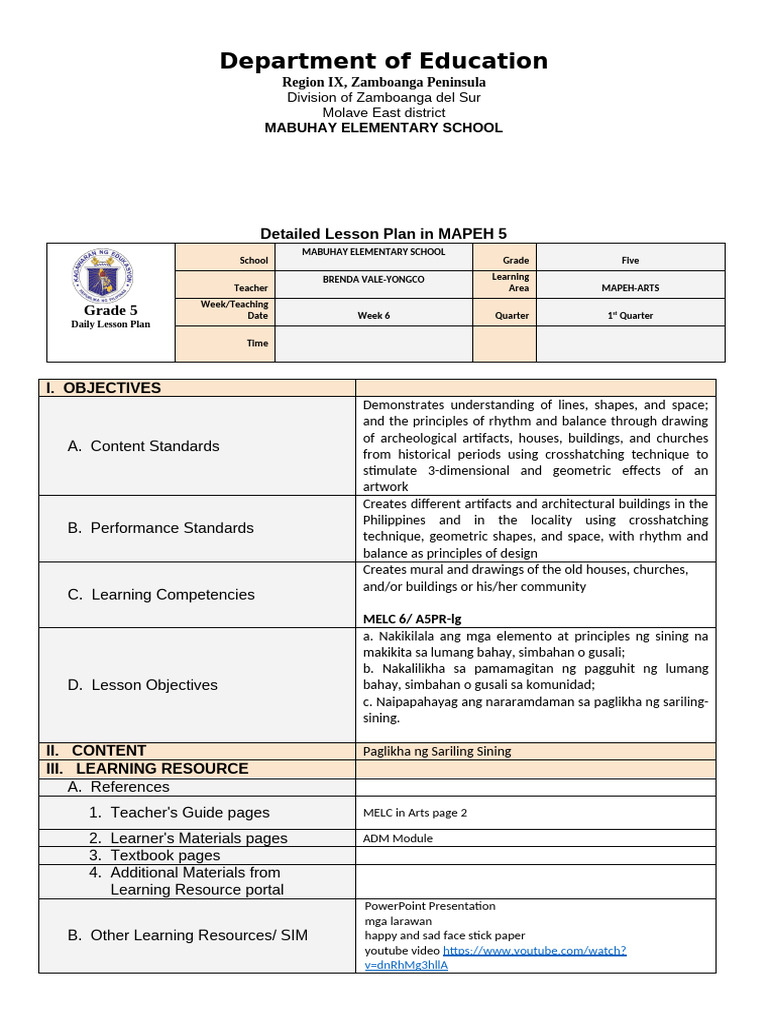 Detailed Lesson Plan in MAPEH 5 | PDF | Cognition | Teaching