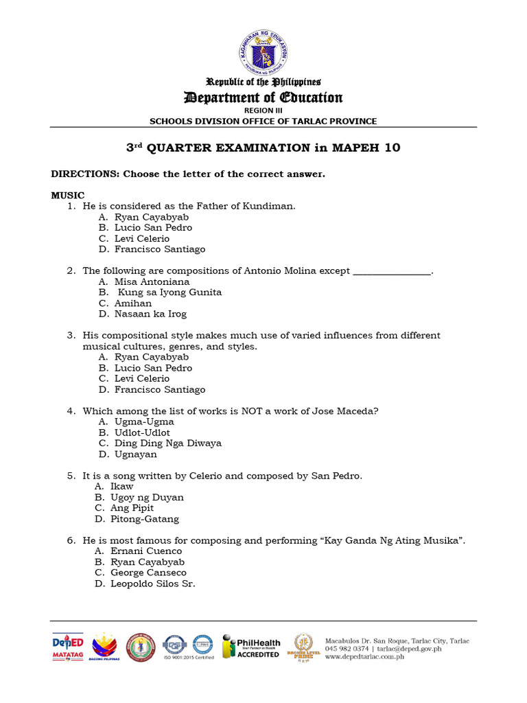 G10 MAPEH 3RD QUARTER UNIFIED TEST | PDF
