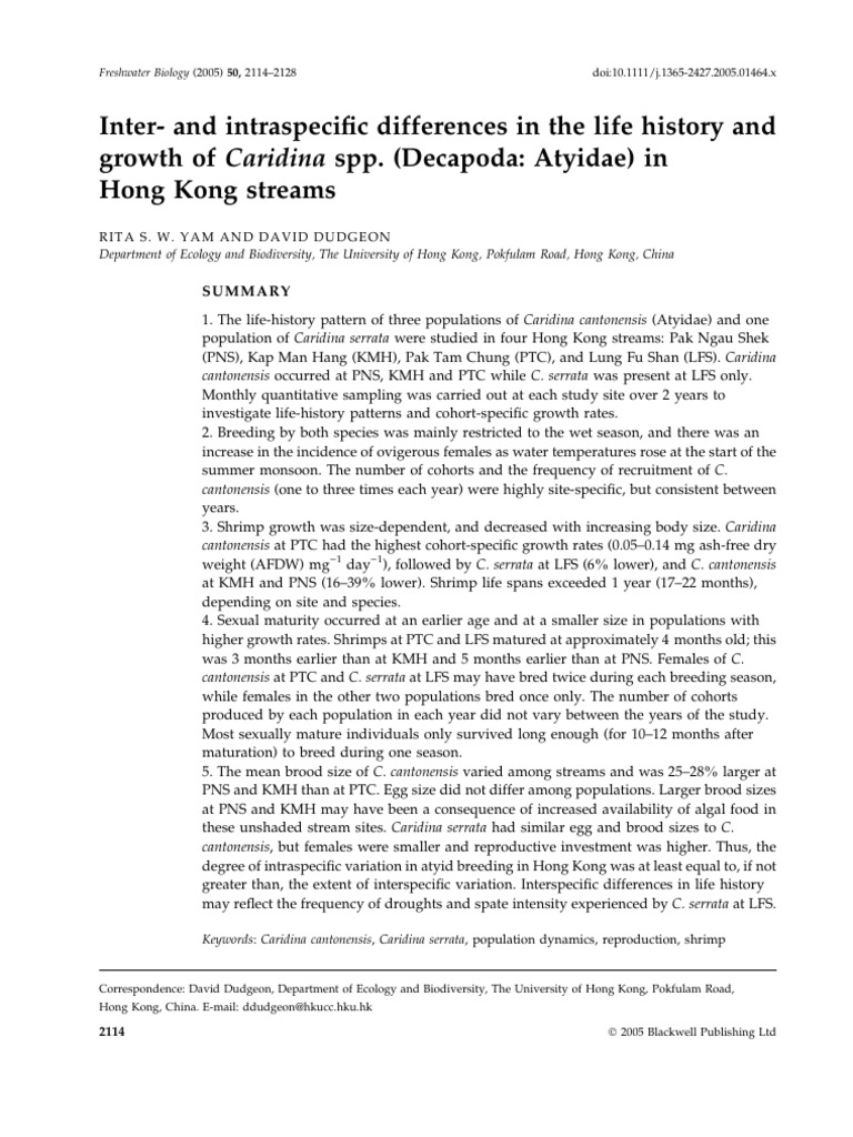 Inter - and Intraspecific Differences in The Life History and Growth of Caridina Spp. (Decapoda ...