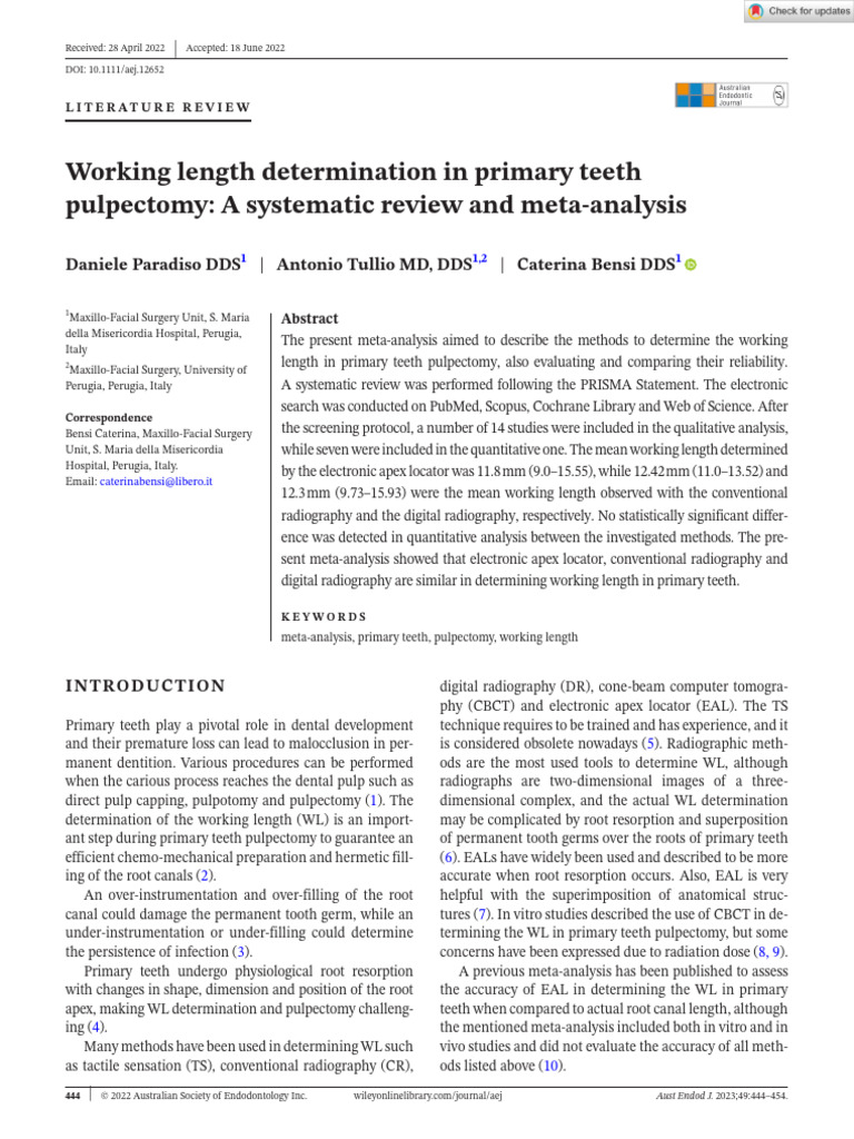 Aust Endodontic J - 2022 - Paradiso - Working Length Determination in ...