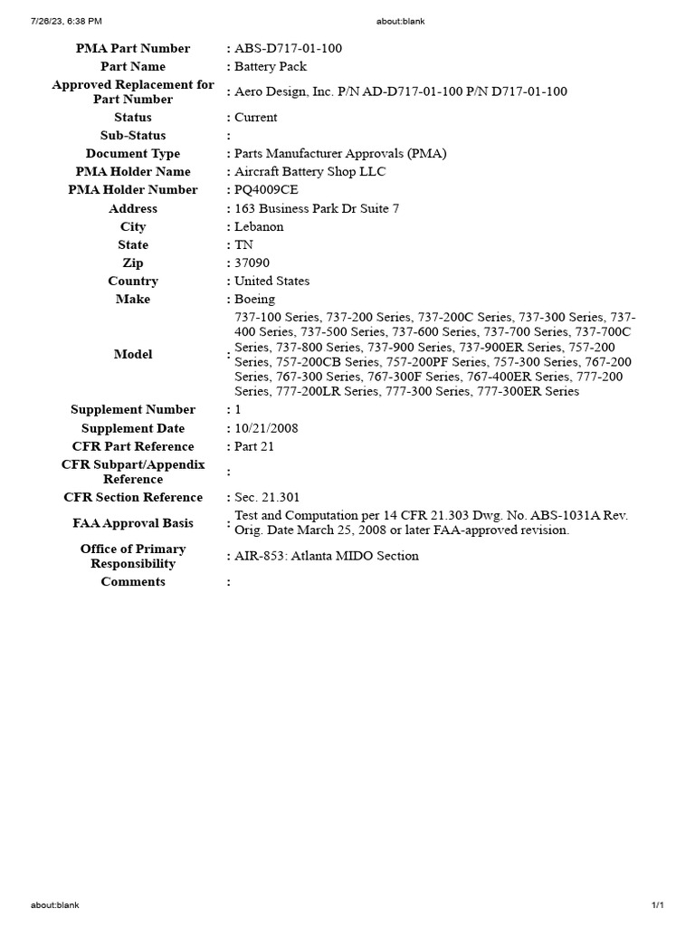 Faa Pma Approval - PN Abs-D717-01-100 | PDF
