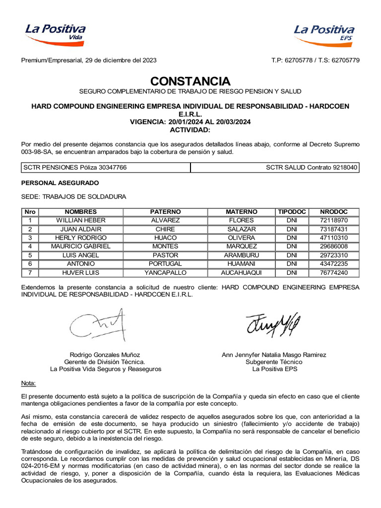 Constancia SCTR Del 20 Al 20-03-2024 Salud y Pension | PDF