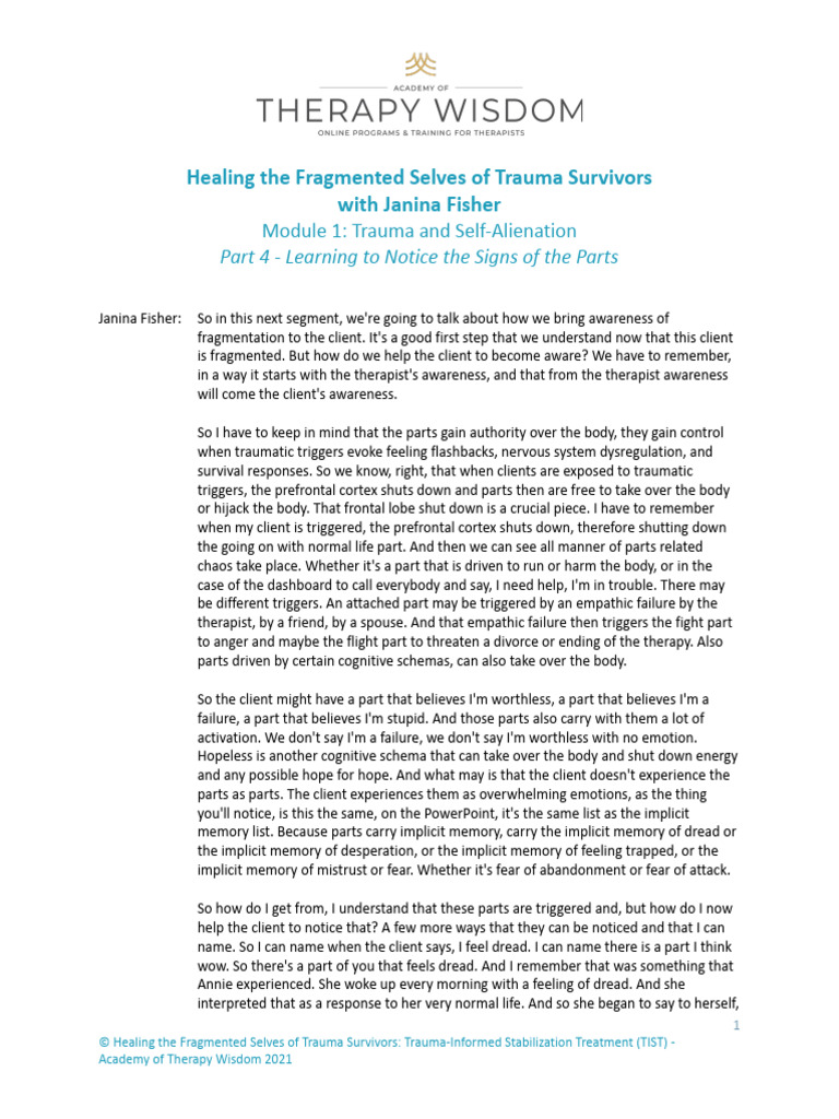 HFS - Module 1 Part 4 - Learning To Notice The Signs of The Parts | PDF