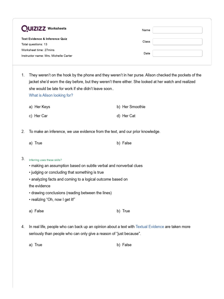 Text Evidence & Inference Quiz | PDF