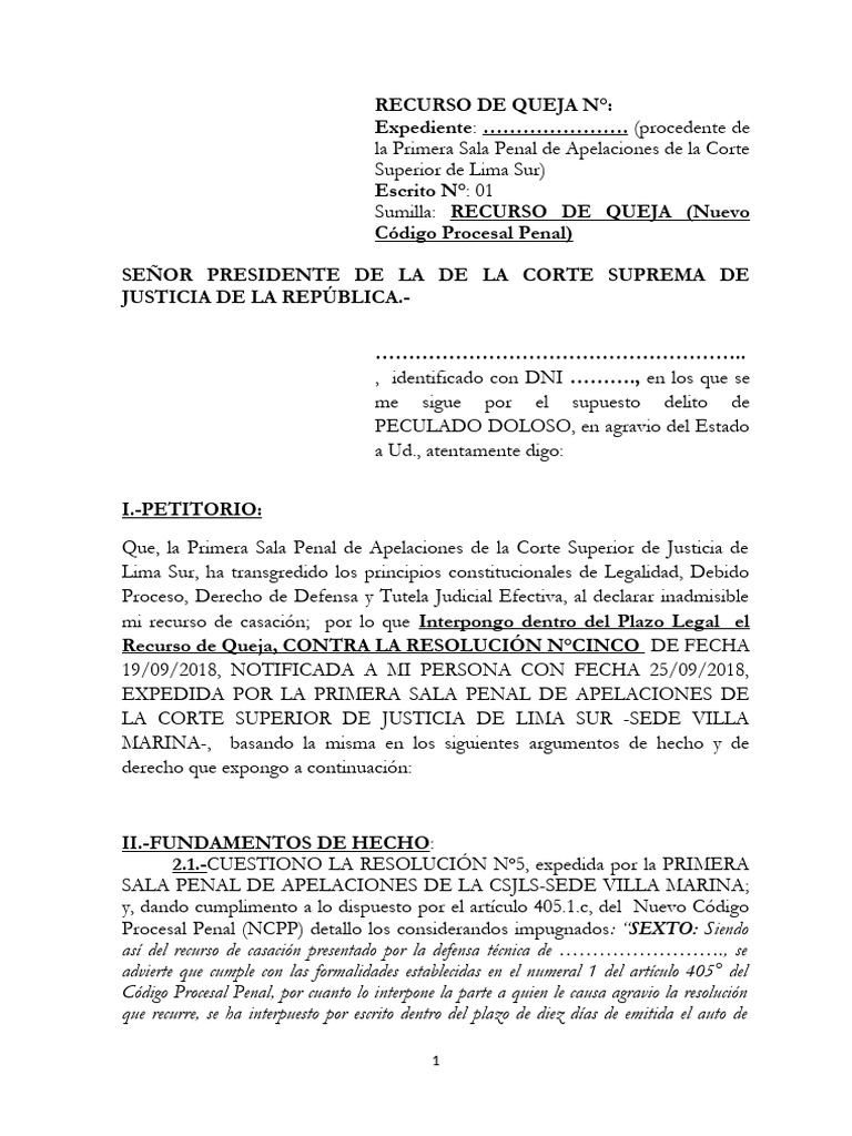 Queja A Suprema Por Denegación de Casación Peculado Doloso | PDF