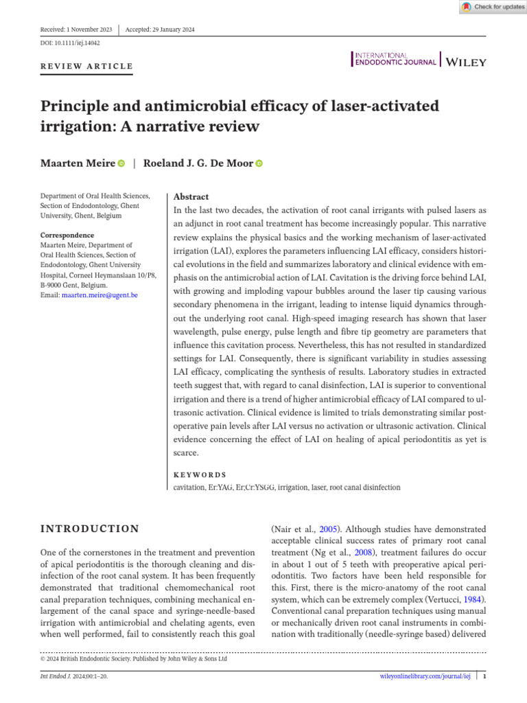 Int Endodontic J - 2024 - Meire - Principle and antimicrobial efficacy of laser‐activated ...