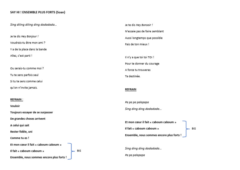 Paroles Chanson Say Hi Ensemble Plus Forts Soan | PDF