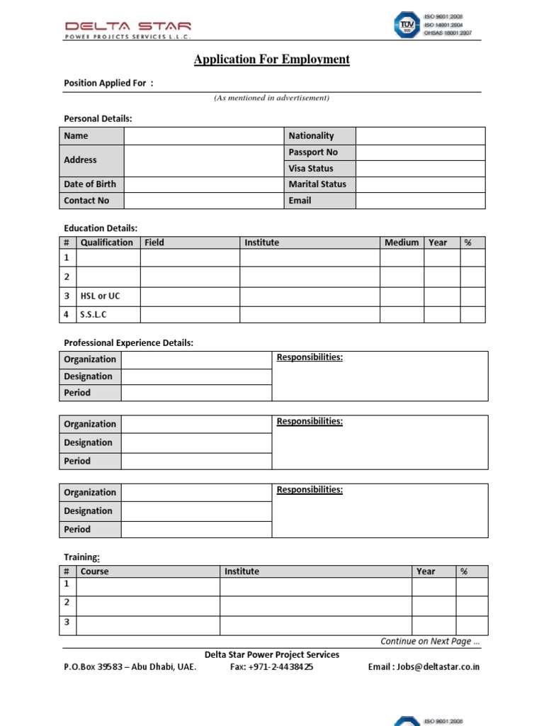 Delta Star Employment Application Form | PDF