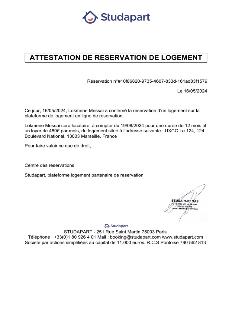 Attestation de réservation logement | PDF Attestation de réservation logement | PDF