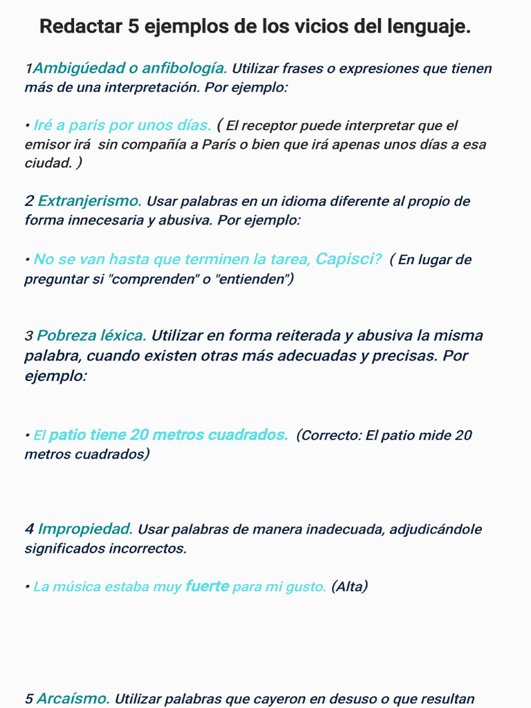 Redactar 5 Ejemplos de Los Vicios Del Lenguaje | PDF