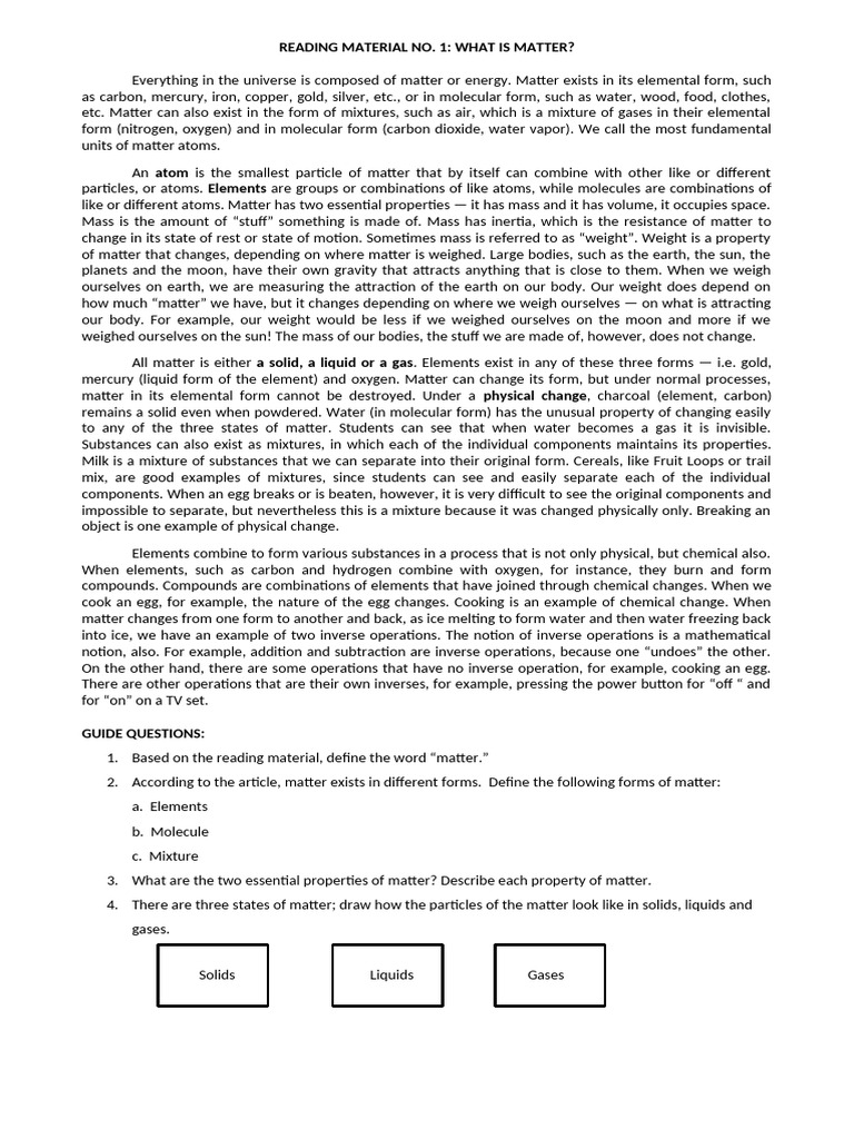 1-Reading Material-What Is Matter | PDF | Matter | Chemical Substances