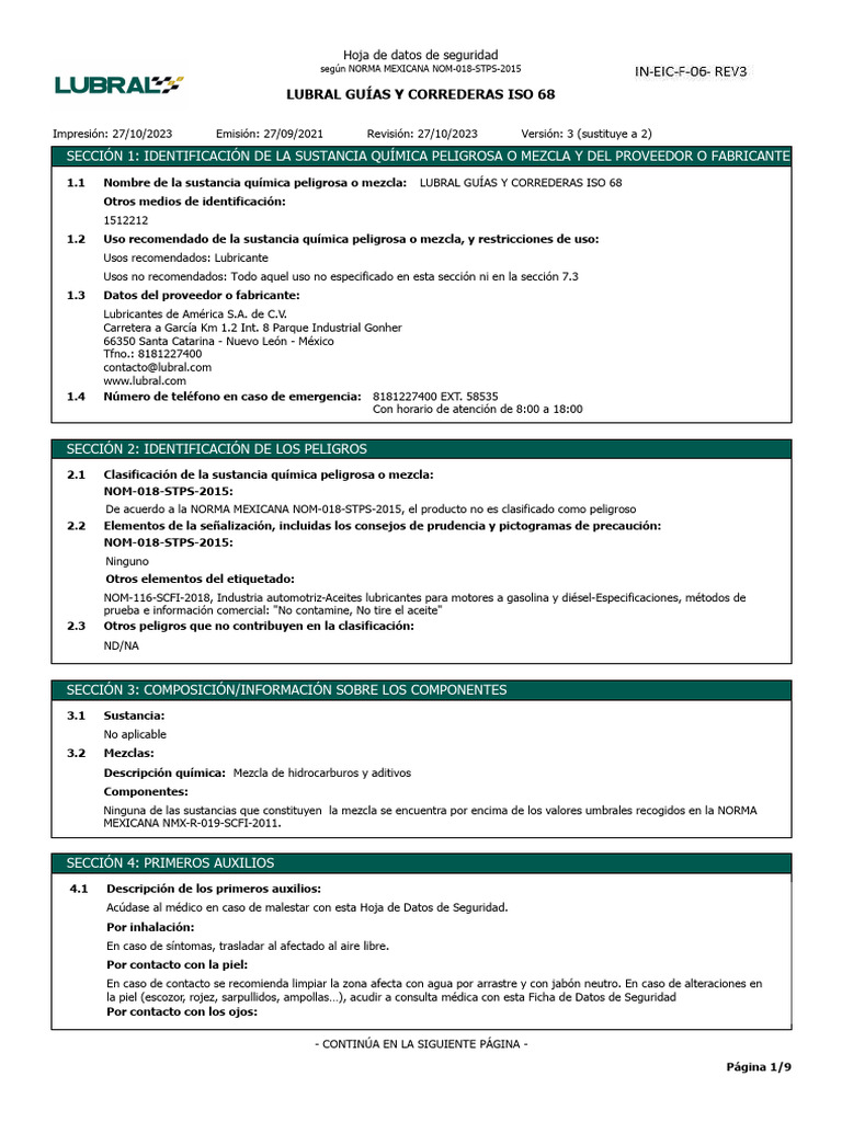 SDS - 1512212 Lubral Guías y Correderas Iso 68 - Méx | PDF