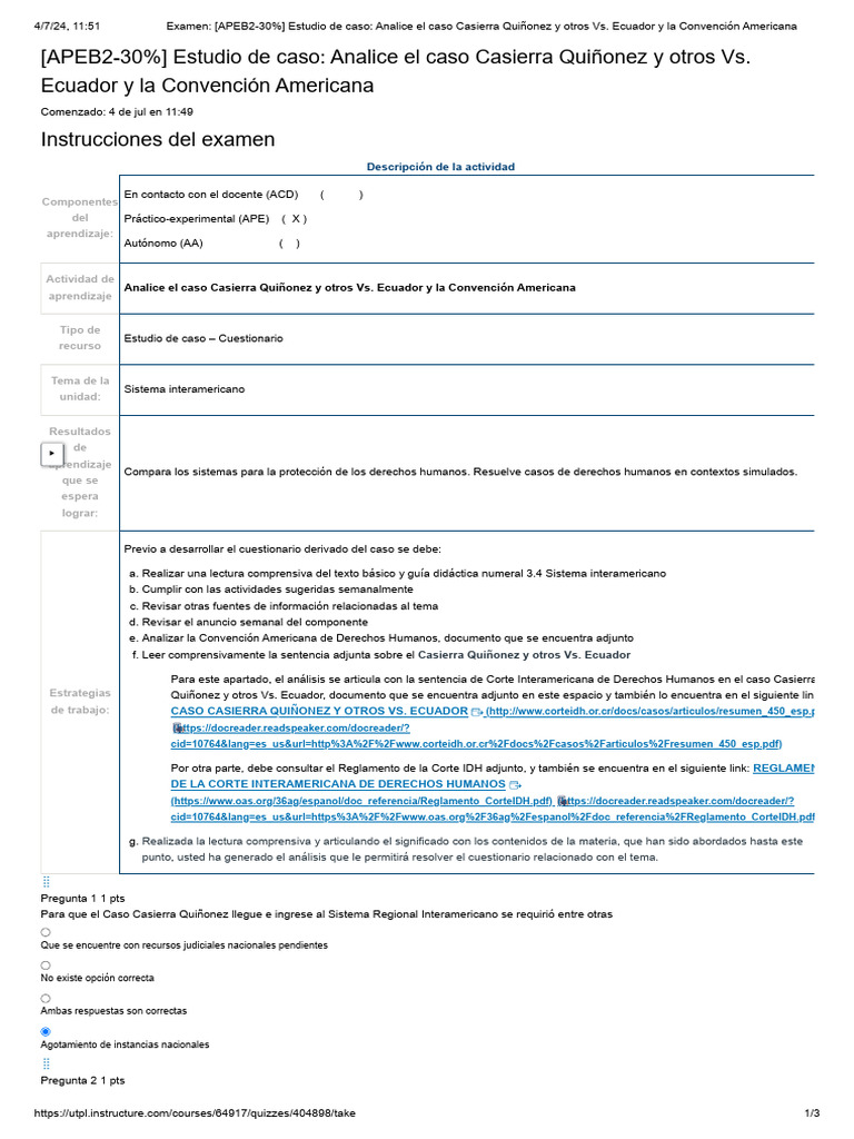 Examen - (APEB2-30%) Estudio de Caso - Analice El Caso Casierra Quiñonez y Otros vs. Ecuador y ...