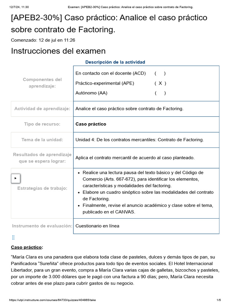 Examen - (APEB2-30%) Caso Práctico - Analice El Caso Práctico Sobre Contrato de Factoring | PDF