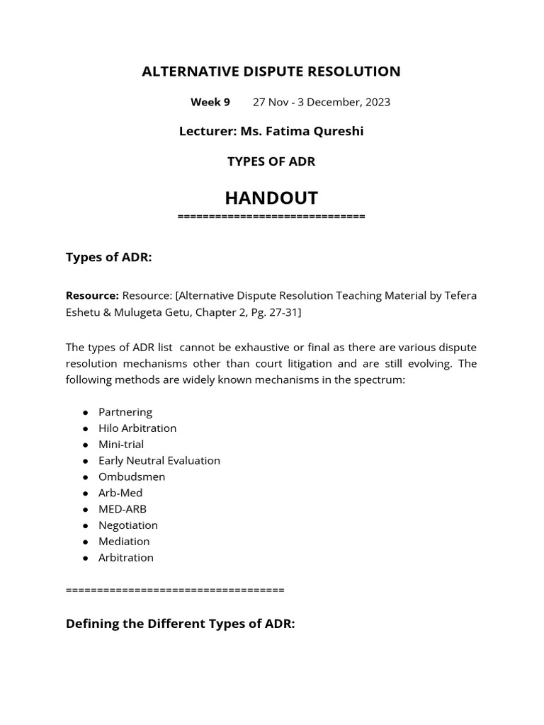 ADR Types Handout - 27 & 28 Nov 2023 | PDF | Alternative Dispute ...