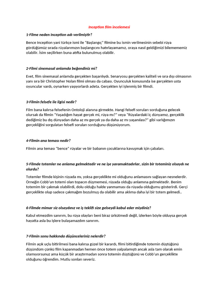 Inception Film Incelemesi Berra Su Aydoğdu | PDF